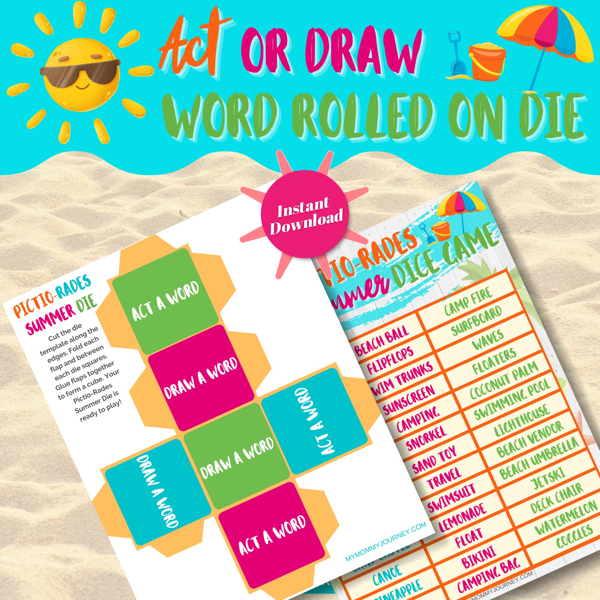 Summer Pictionary Charades Dice Game, Summer Dice Game, Pictionary ...