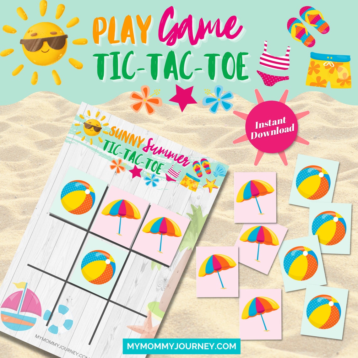 Sunny Summer Tic Tac Toe Game, Tic Tac Toe Printable Board Game ...