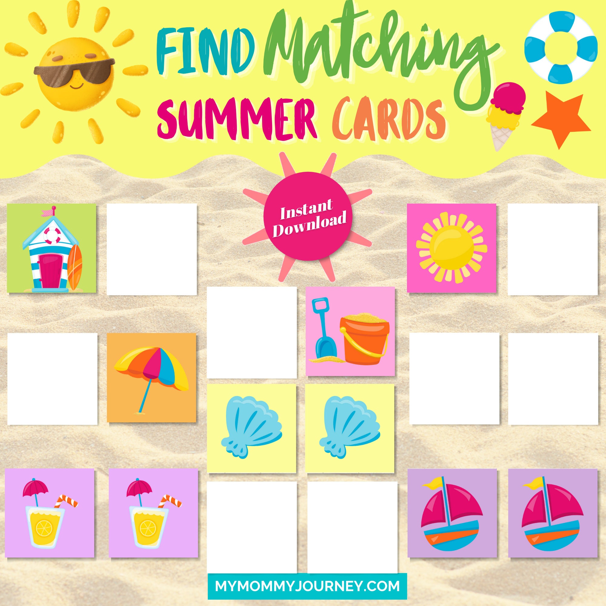Sunny Summer Memory Game, Summer Matching Game, Printable Summer Game ...