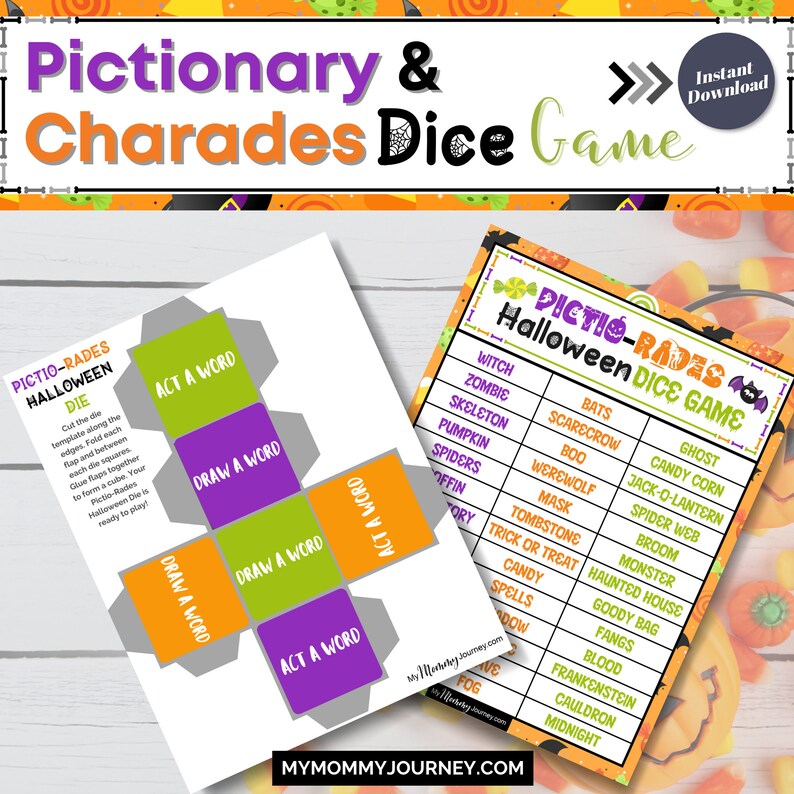 Pictionary Charades Halloween Dice Game, Printable Halloween Game Kids ...