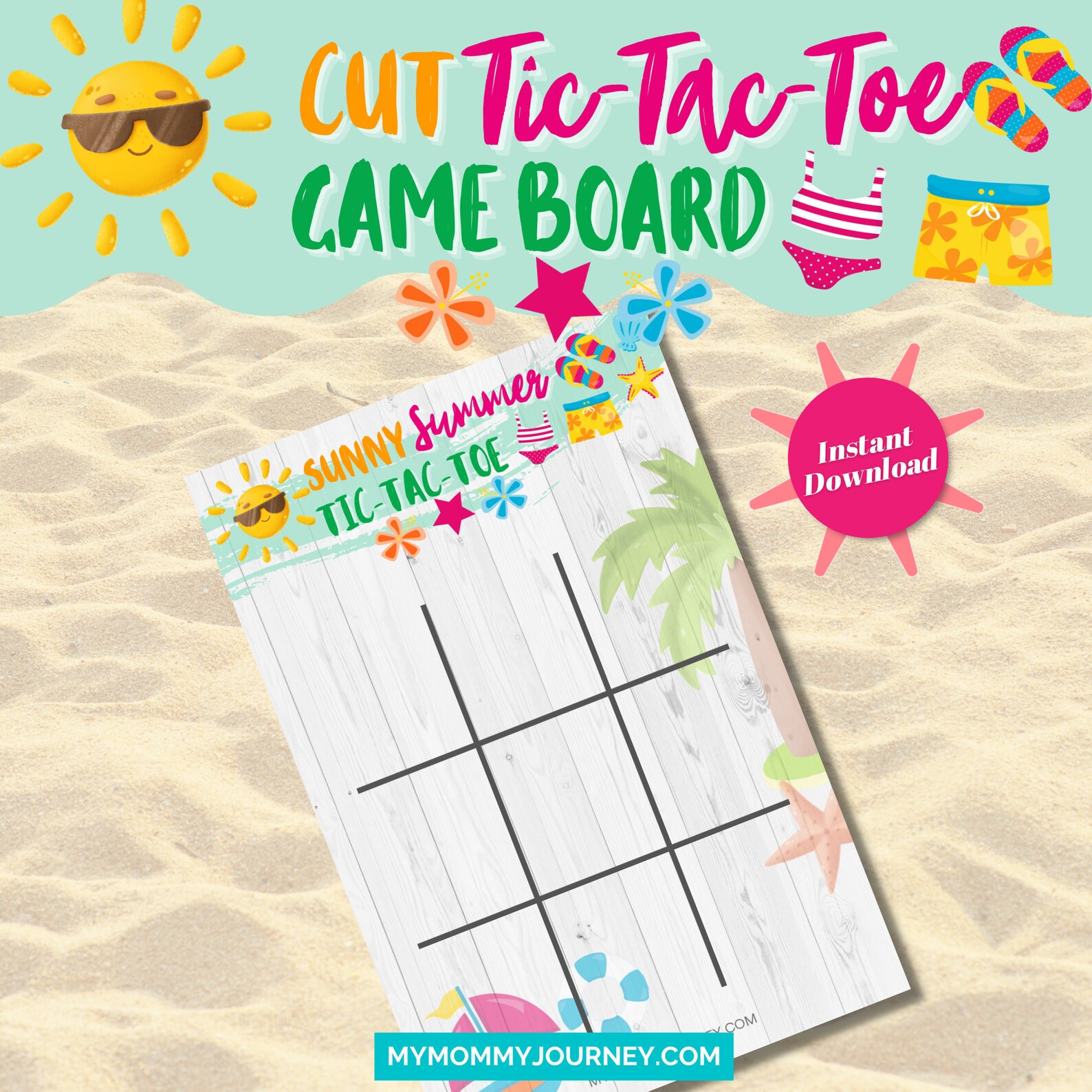 Sunny Summer Tic Tac Toe Game, Tic Tac Toe Printable Board Game ...