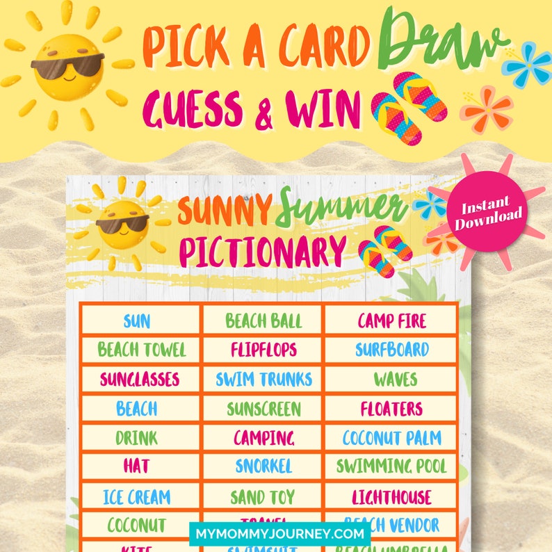Sunny Summer Pictionary, Summer Party Trivia, Printable Summer Game for ...