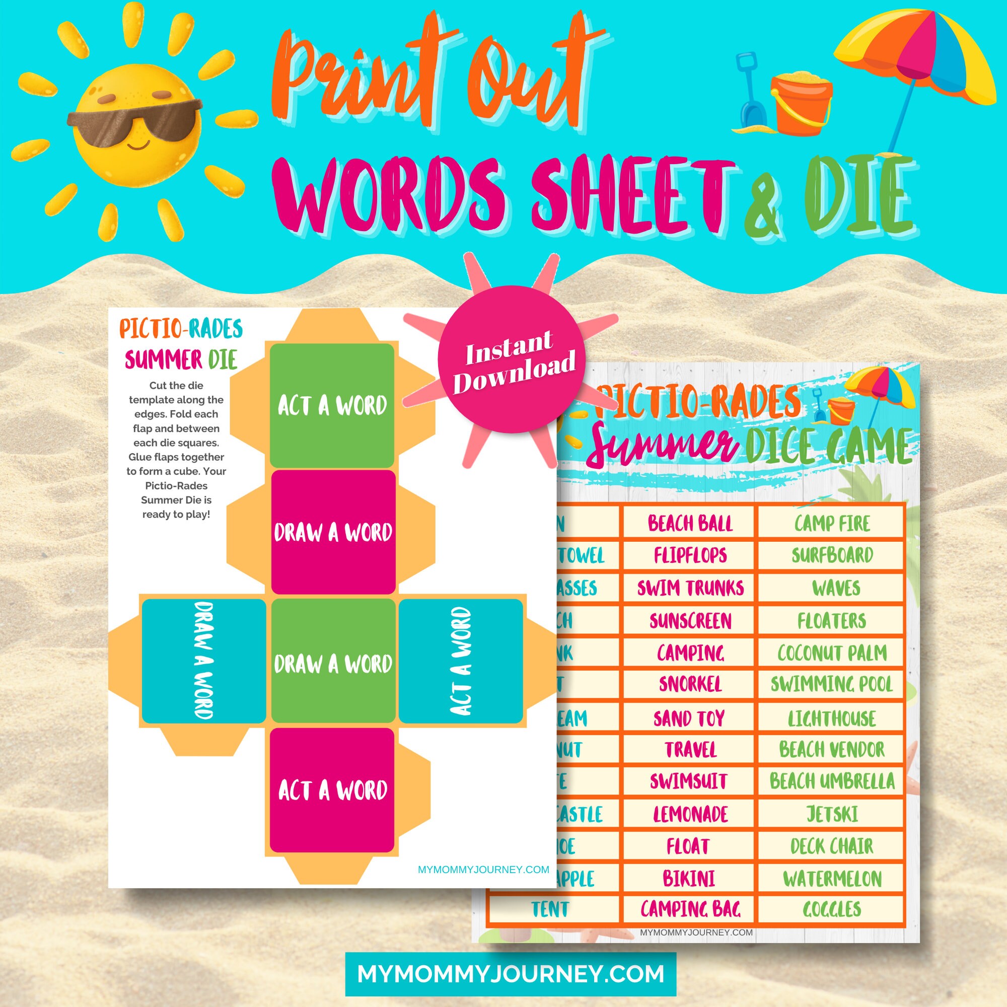 Summer Pictionary Charades Dice Game, Summer Dice Game, Pictionary ...