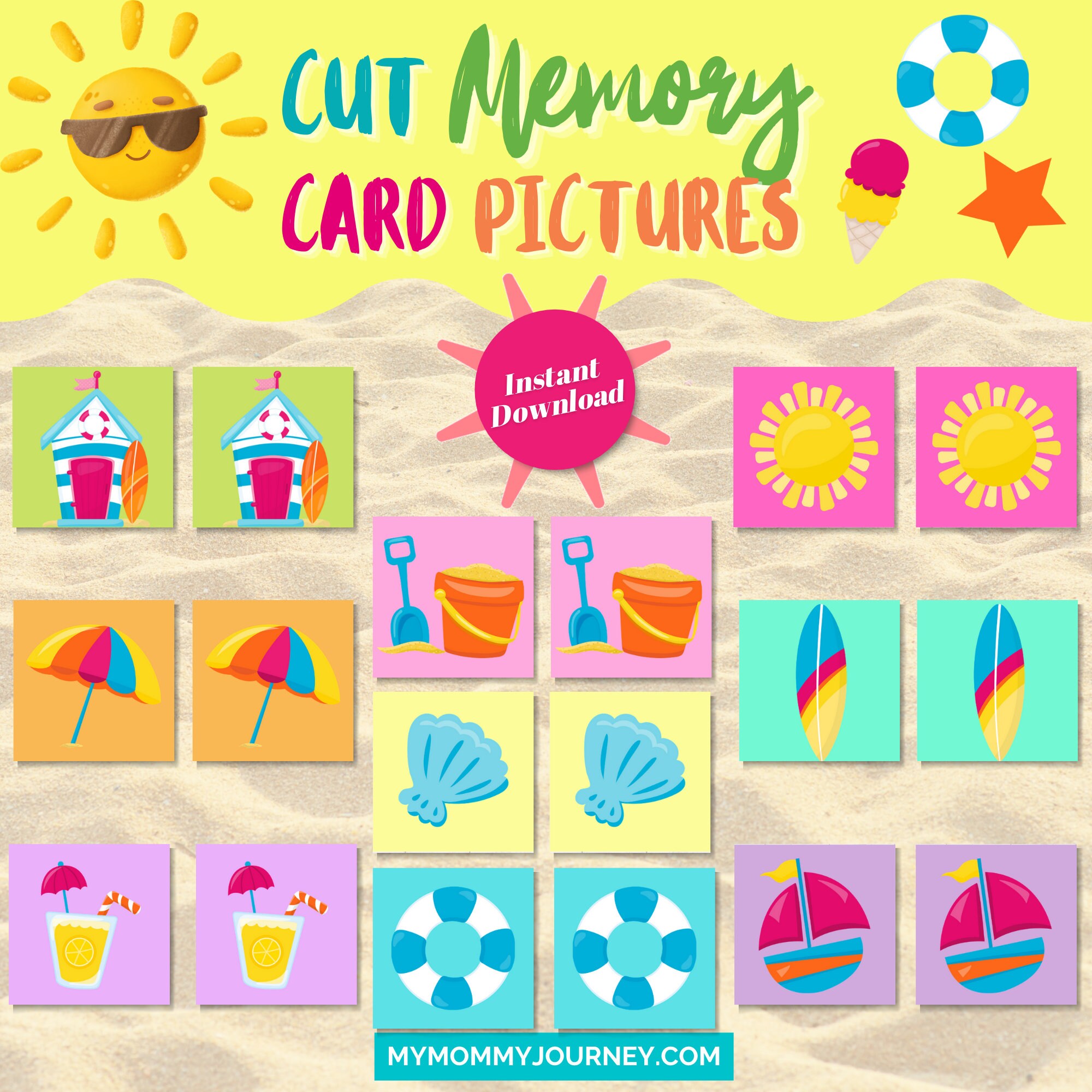 Sunny Summer Memory Game, Summer Matching Game, Printable Summer Game ...