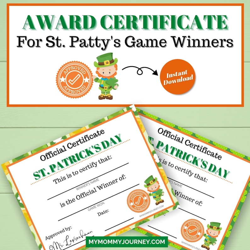 St. Patrick's Day Game Winner's Certificate, Saint Patty's Certificate ...