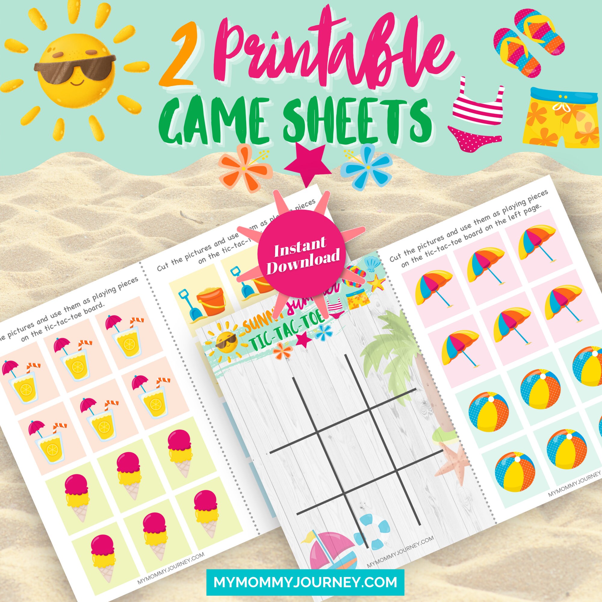 Sunny Summer Tic Tac Toe Game, Tic Tac Toe Printable Board Game ...