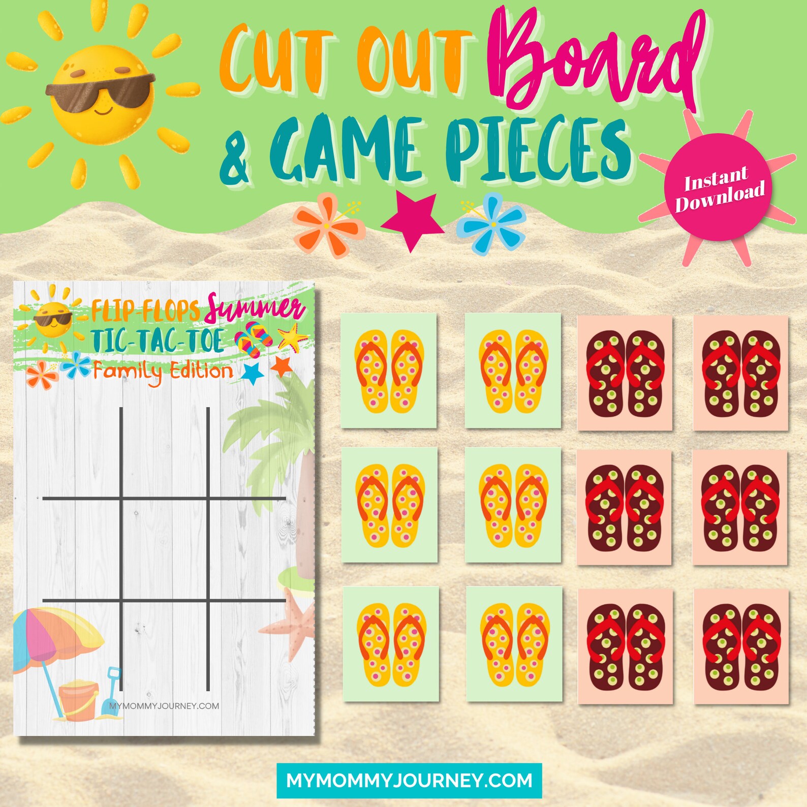 Flip-flops Summer Tic Tac Toe Game, Tic Tac Toe Printable Board Game ...