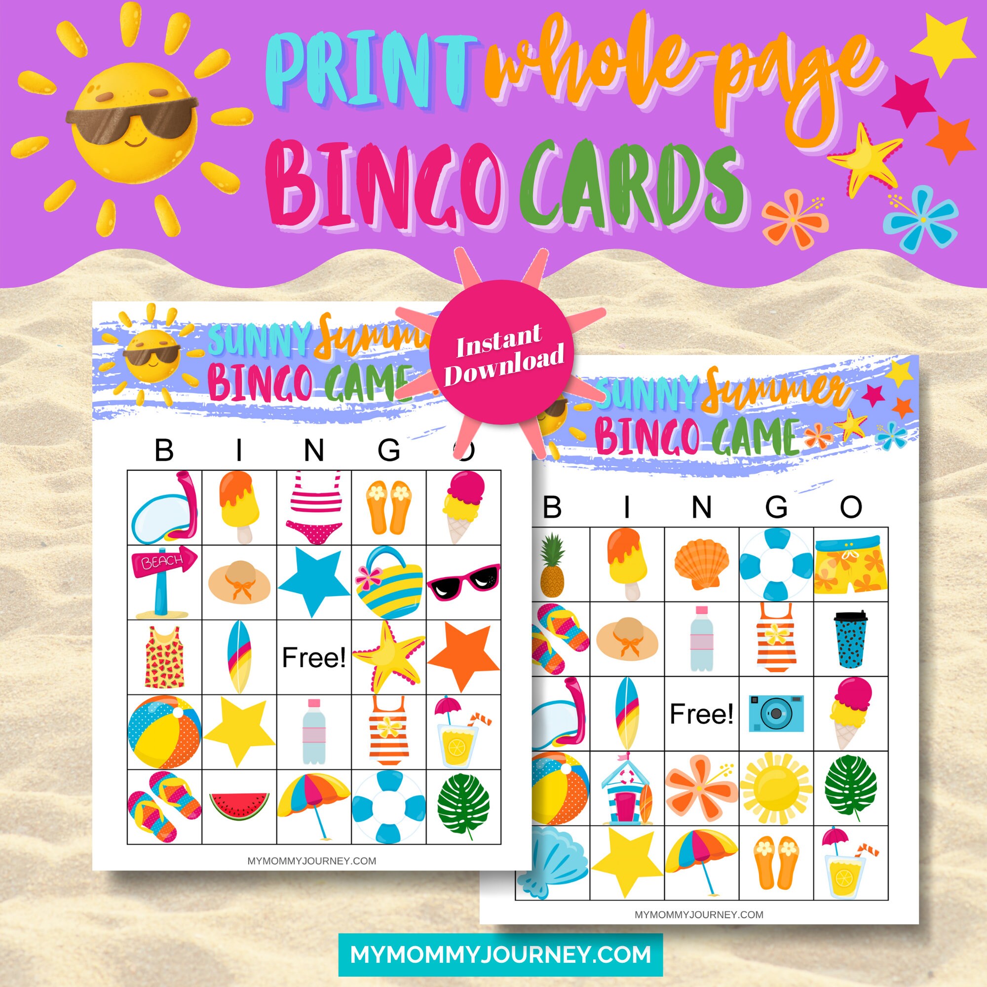 20 Sunny Summer Bingo Game Whole-page Cards, Printable Bingo Summer ...