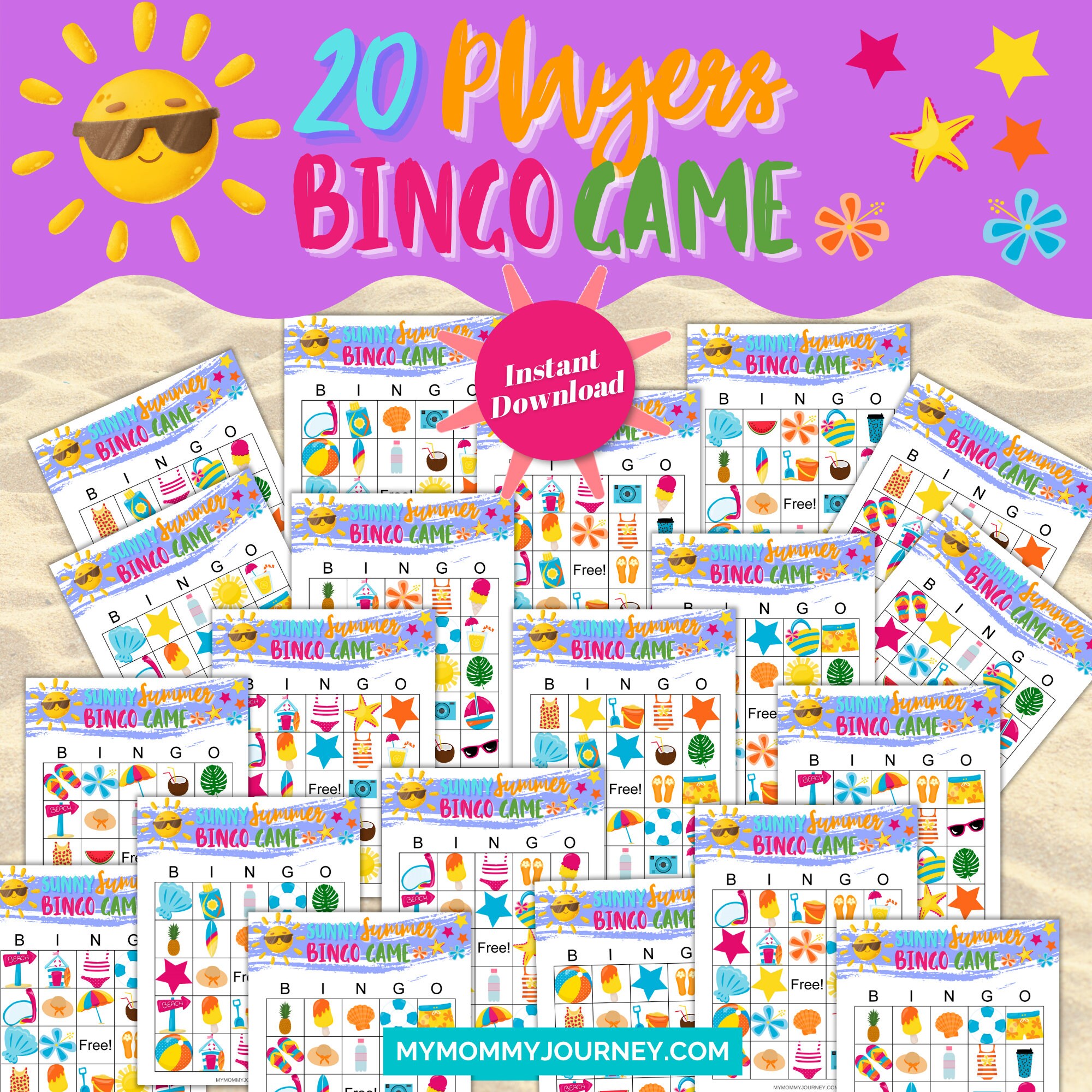 20 Sunny Summer Bingo Game Whole-page Cards, Printable Bingo Summer ...