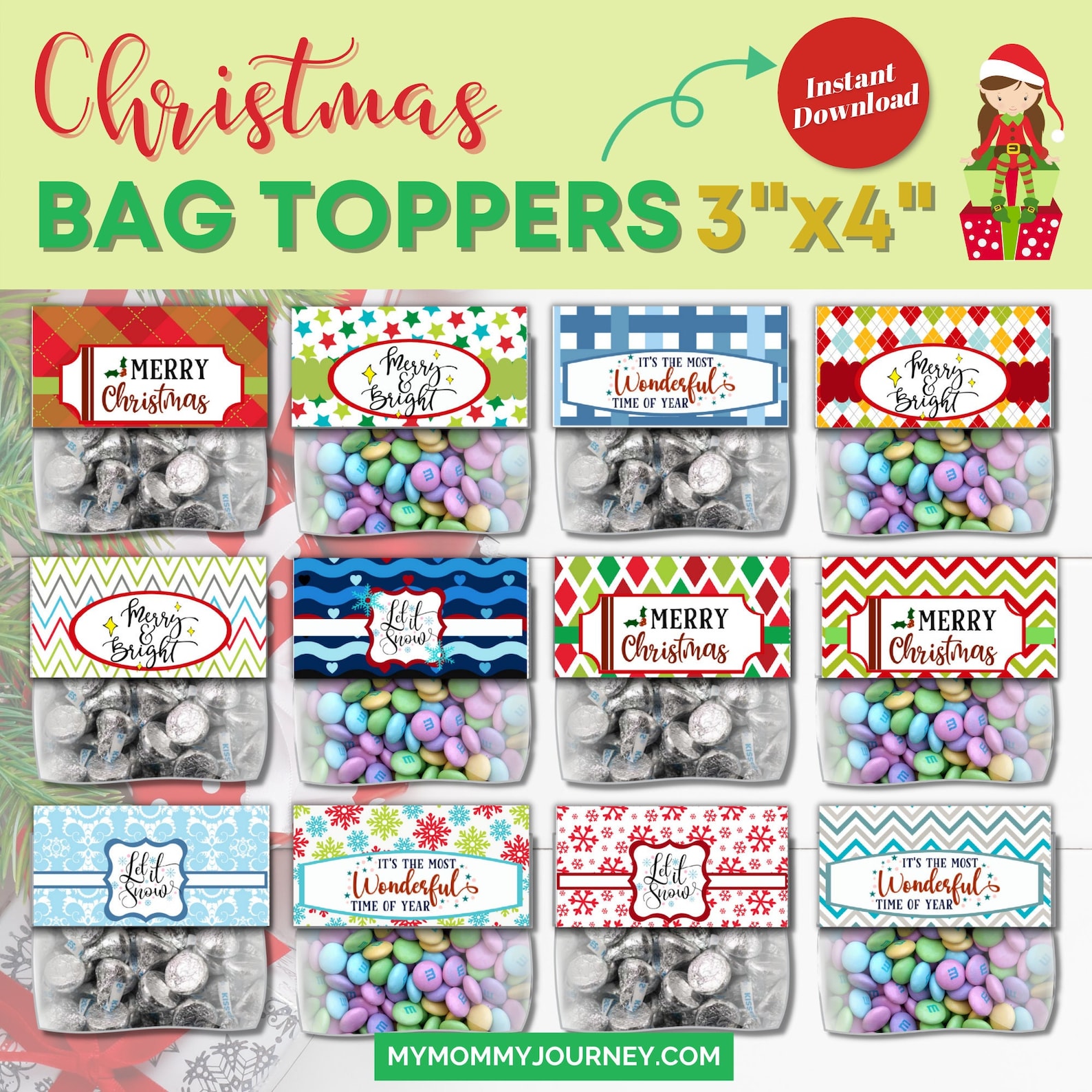 Christmas Bag Toppers 3 Inches, 12 Printable Christmas Treat Bag ...