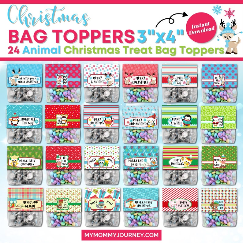 Christmas Bag Toppers 3 Inches Animals, 24 Printable Christmas Treat ...