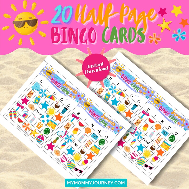20 Sunny Summer Bingo Game Half-page Cards, Printable Bingo Summer Game ...