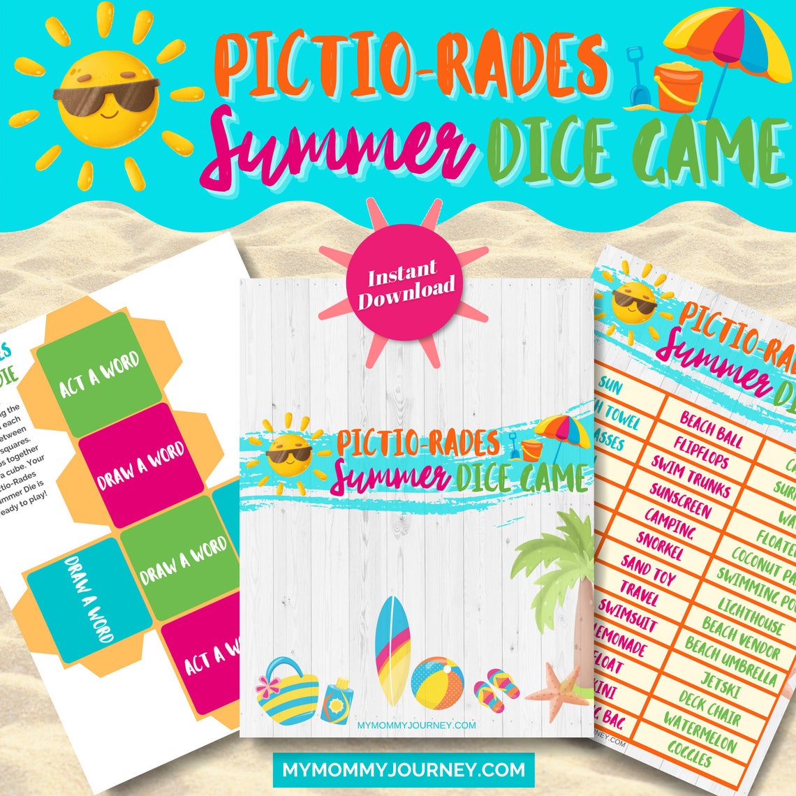 Summer Pictionary Charades Dice Game, Summer Dice Game, Pictionary ...