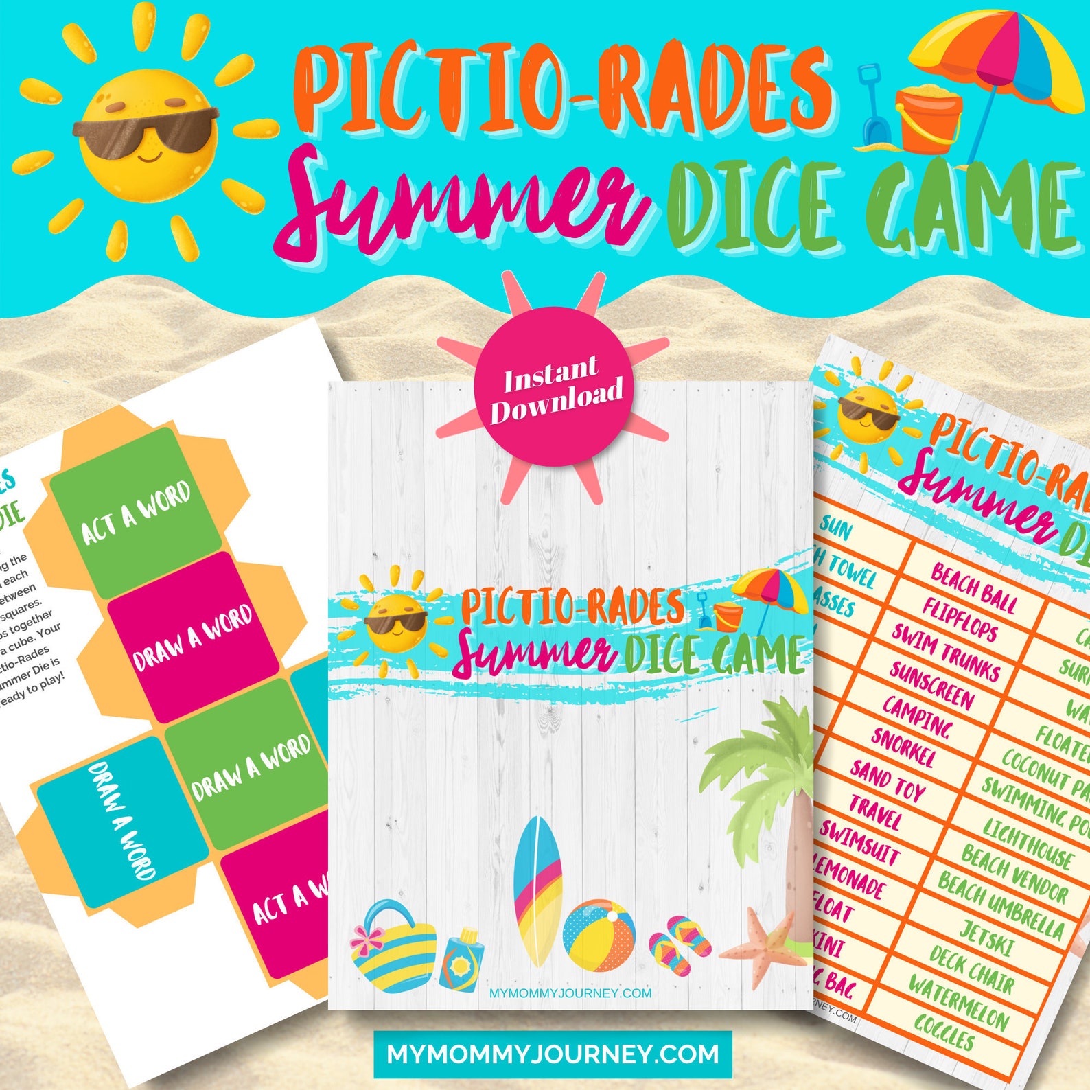 Summer Pictionary Charades Dice Game, Summer Dice Game, Pictionary ...