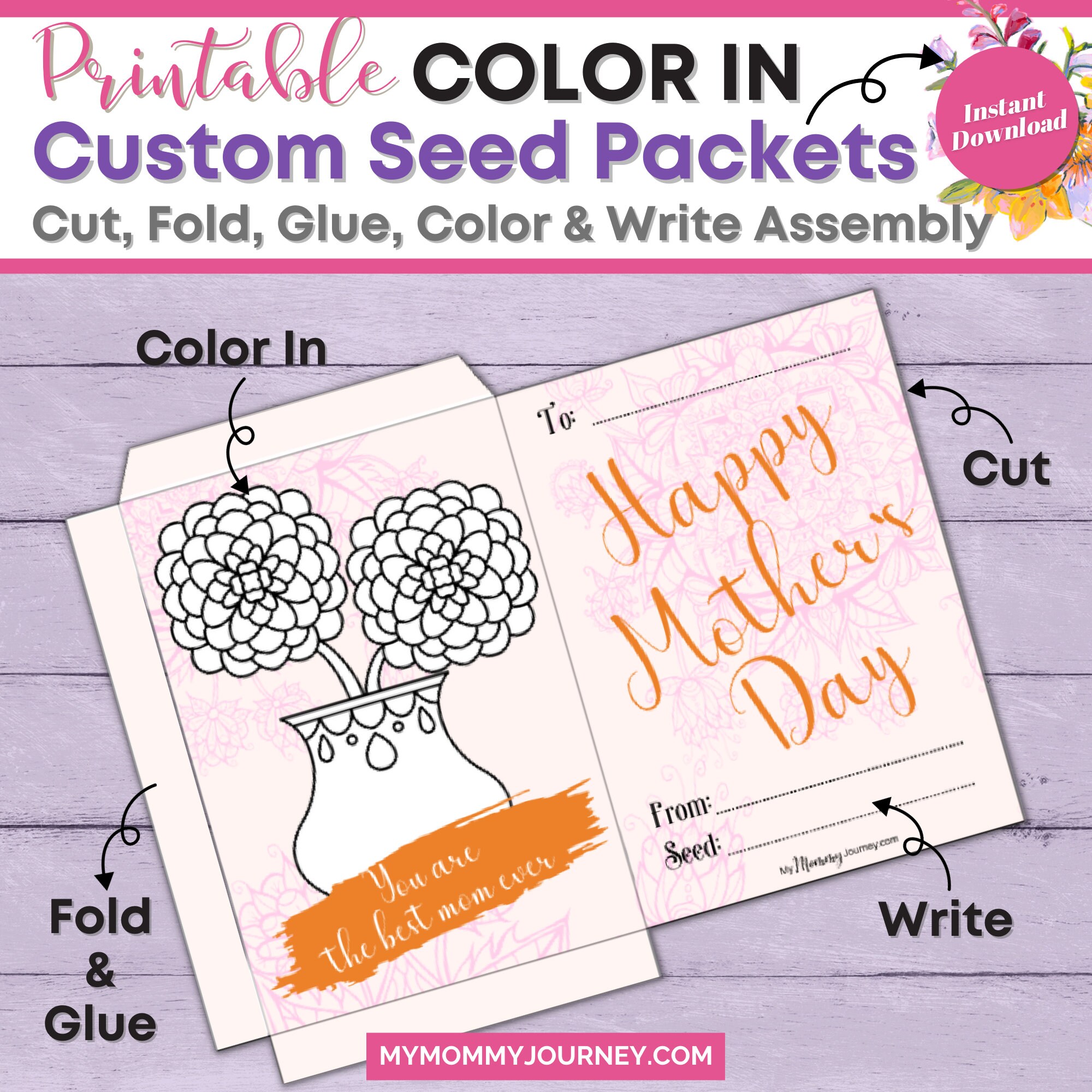 Mother's Day Coloring Seed Packets DIY Gift for Mom, Printable Flower ...