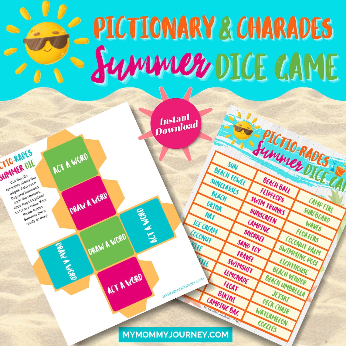Summer Pictionary Charades Dice Game, Summer Dice Game, Pictionary ...