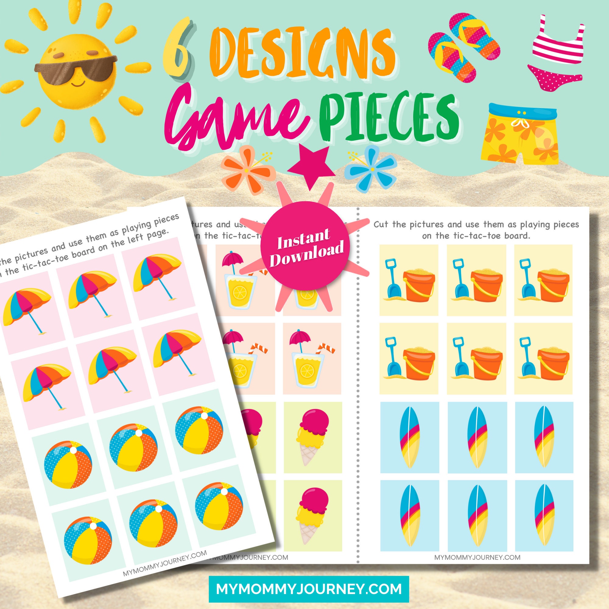 Sunny Summer Tic Tac Toe Game, Tic Tac Toe Printable Board Game ...