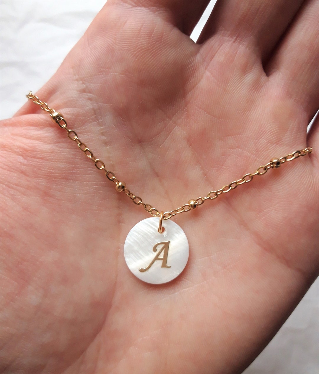 Personalized Mother-of-pearl Initials Necklace and Gold Stainless Steel ...