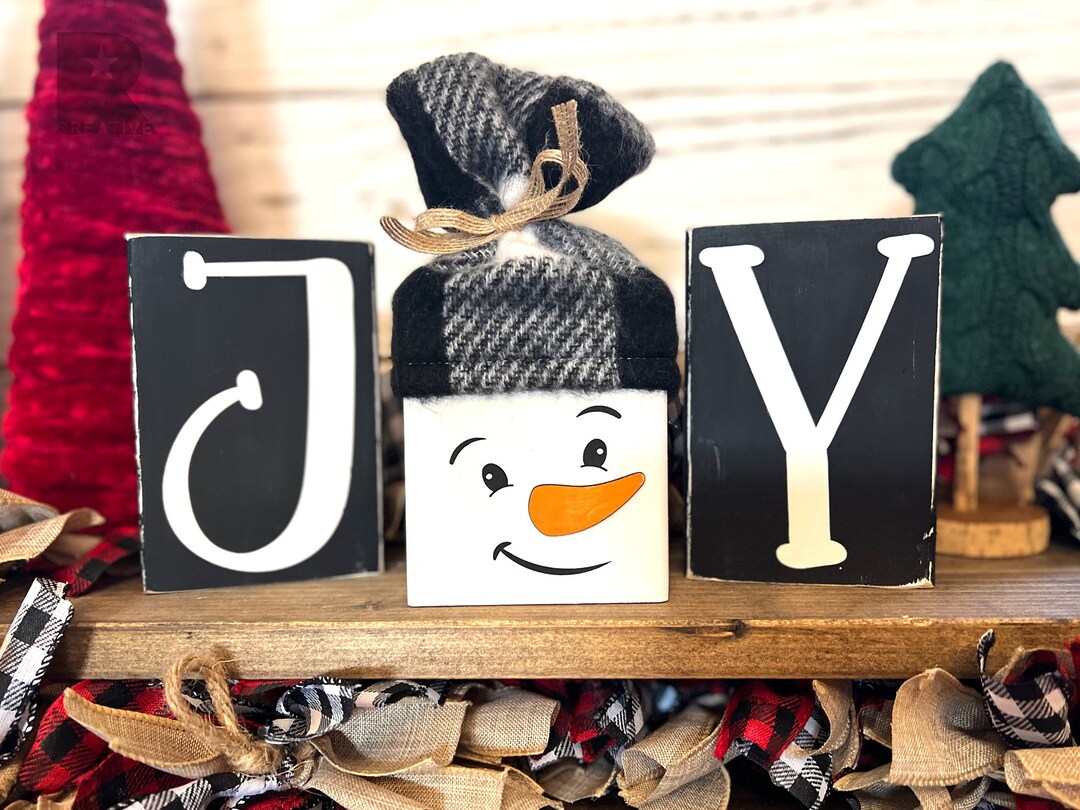 Rustic Snowman Block Set Wood Snowman Blocks JOY Wood Blocks Farmhouse ...