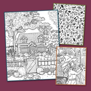 Fall & Halloween Coloring Page Pack: Witchy Librarian, Cozy Cottage ...