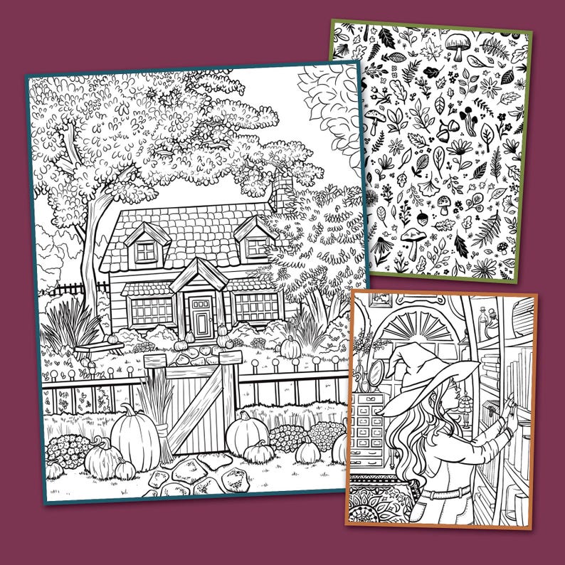 Fall & Halloween Coloring Page Pack: Witchy Librarian, Cozy Cottage ...