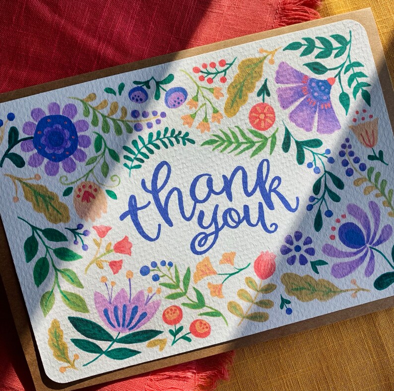 Floral Thank You Card: Hand-painted Gouache Reproduction on a Blank ...
