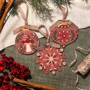 3-pack of Nostalgic Holiday Mushroom and Snowflake Hand-painted Wood ...