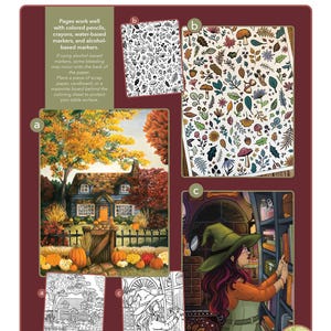 Fall & Halloween Coloring Page Pack: Witchy Librarian, Cozy Cottage ...