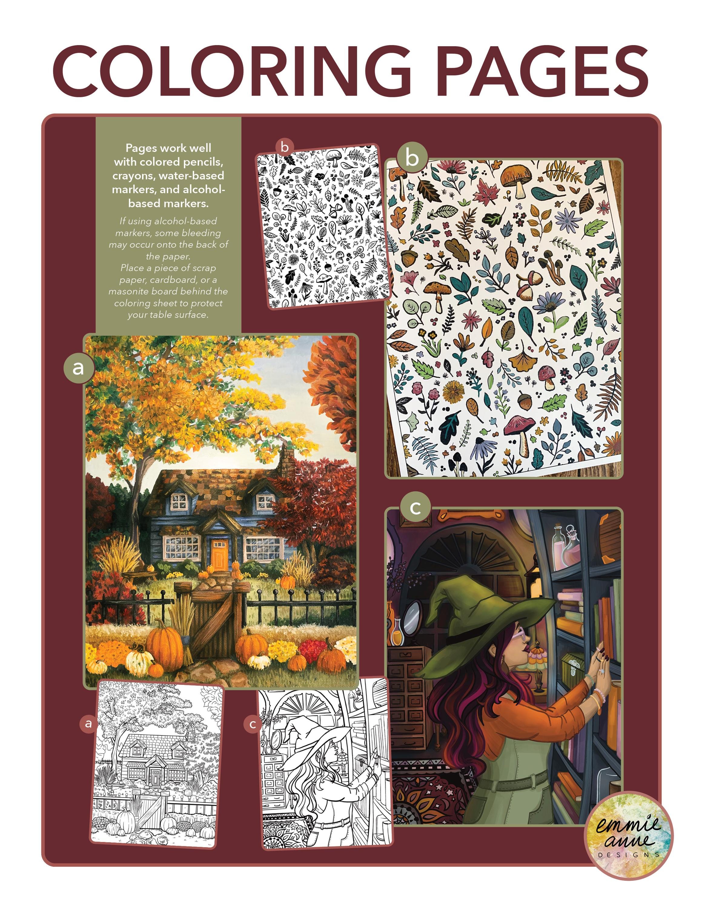 Fall & Halloween Coloring Page Pack: Witchy Librarian, Cozy Cottage ...