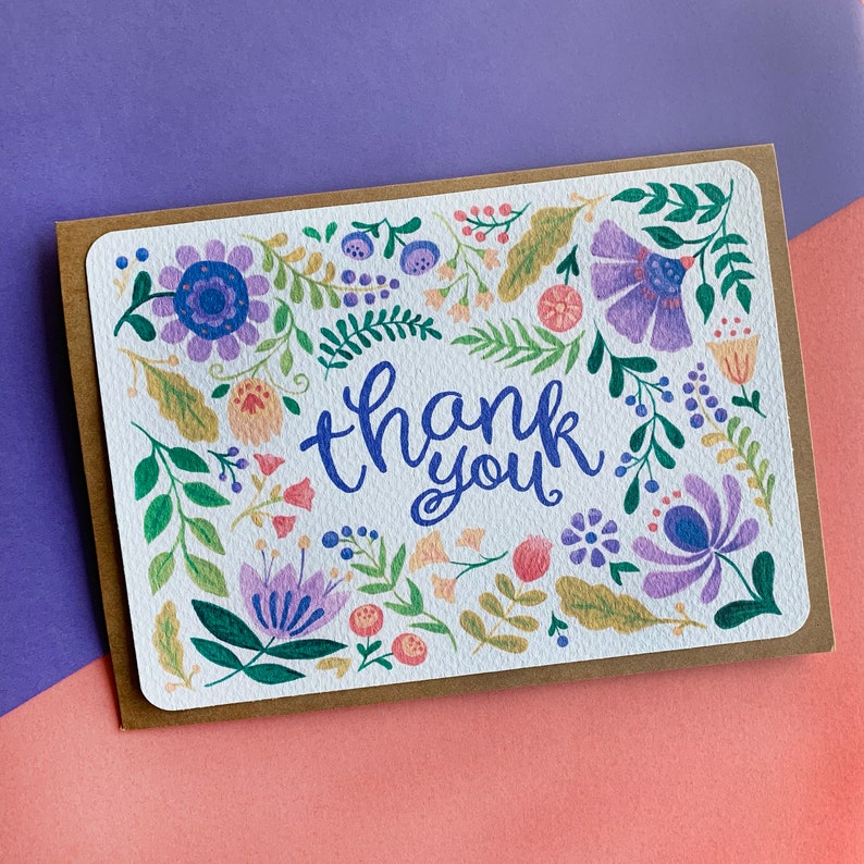 Floral Thank You Card: Hand-painted Gouache Reproduction on a Blank ...
