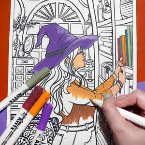 Fall & Halloween Coloring Page Pack: Witchy Librarian, Cozy Cottage ...