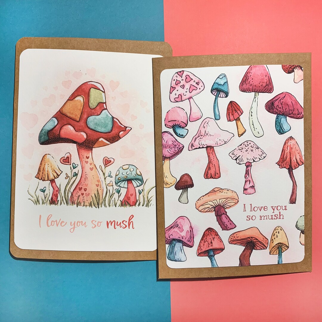 Hand-painted Single Punny Mushroom Valentine's Day Cards With Envelope ...