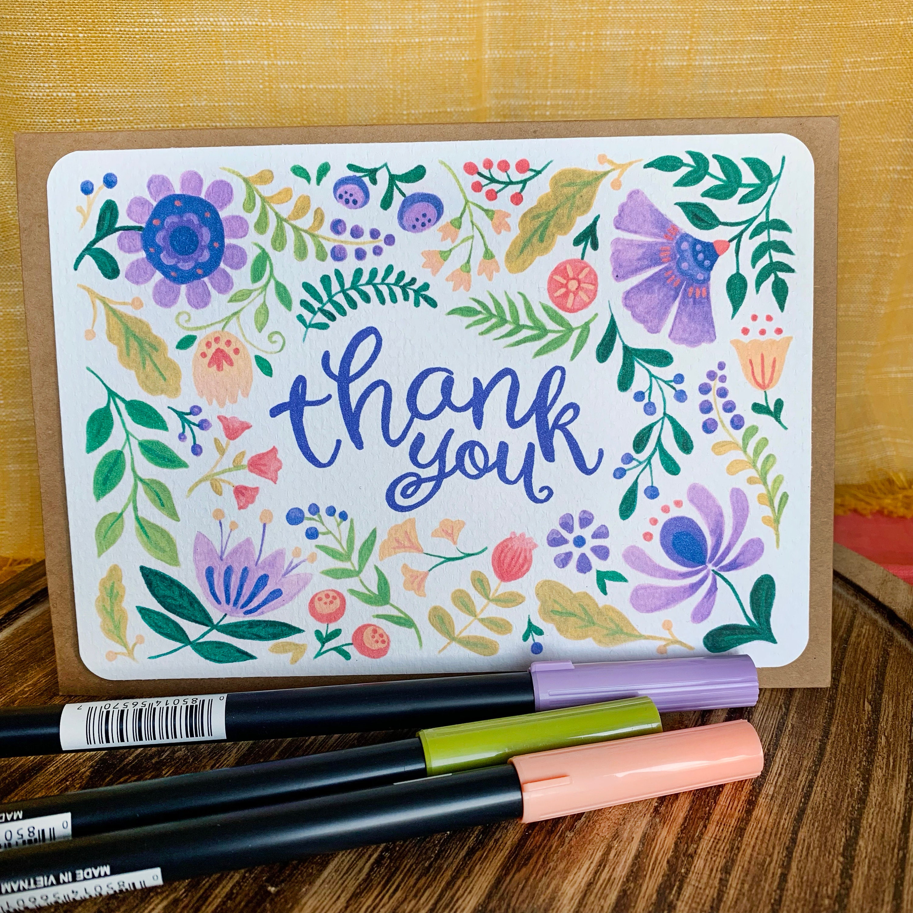 Floral Thank You Card: Hand-painted Gouache Reproduction on a Blank ...