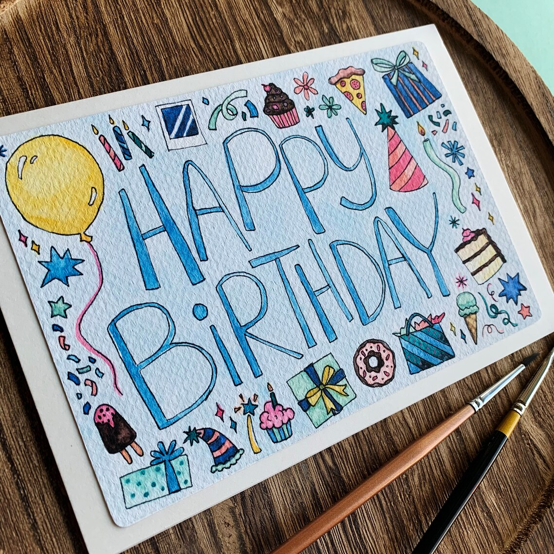 Blue Birthday Party Card: Hand-painted Watercolor Reproduction on a 5x7 ...