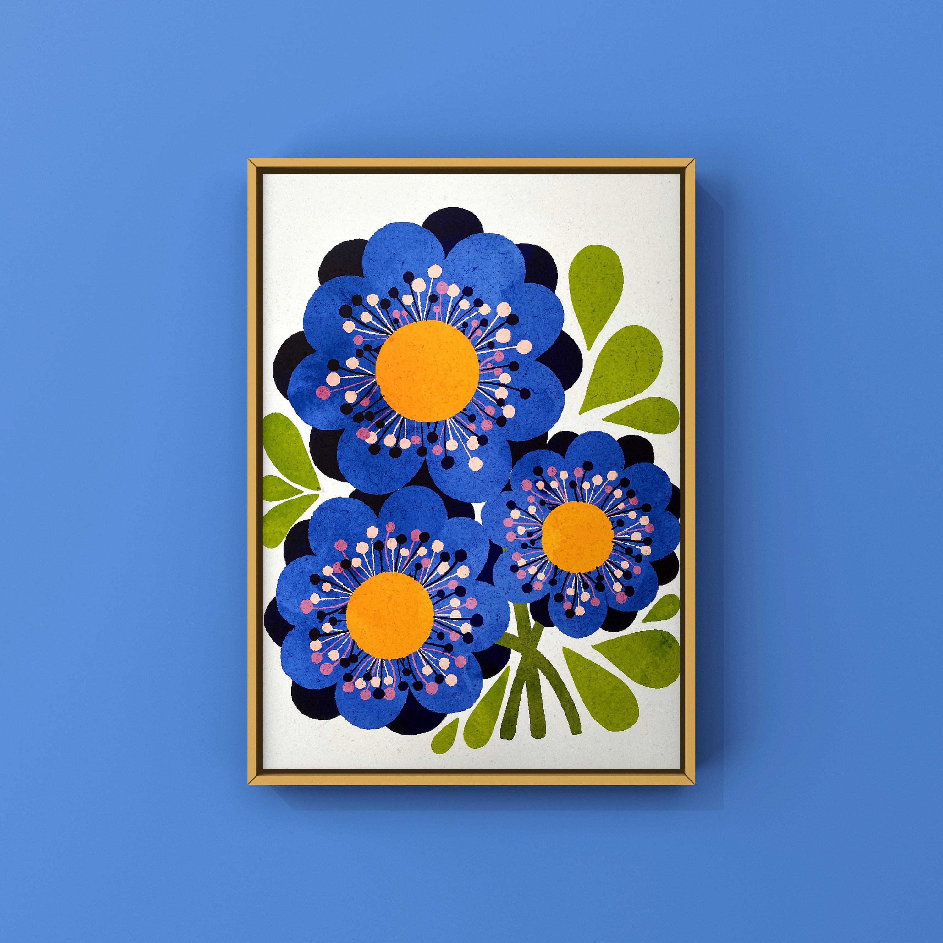 Big Retro Blooms Art Print/ Blue Flower Artwork/ Spring Flowers Art ...