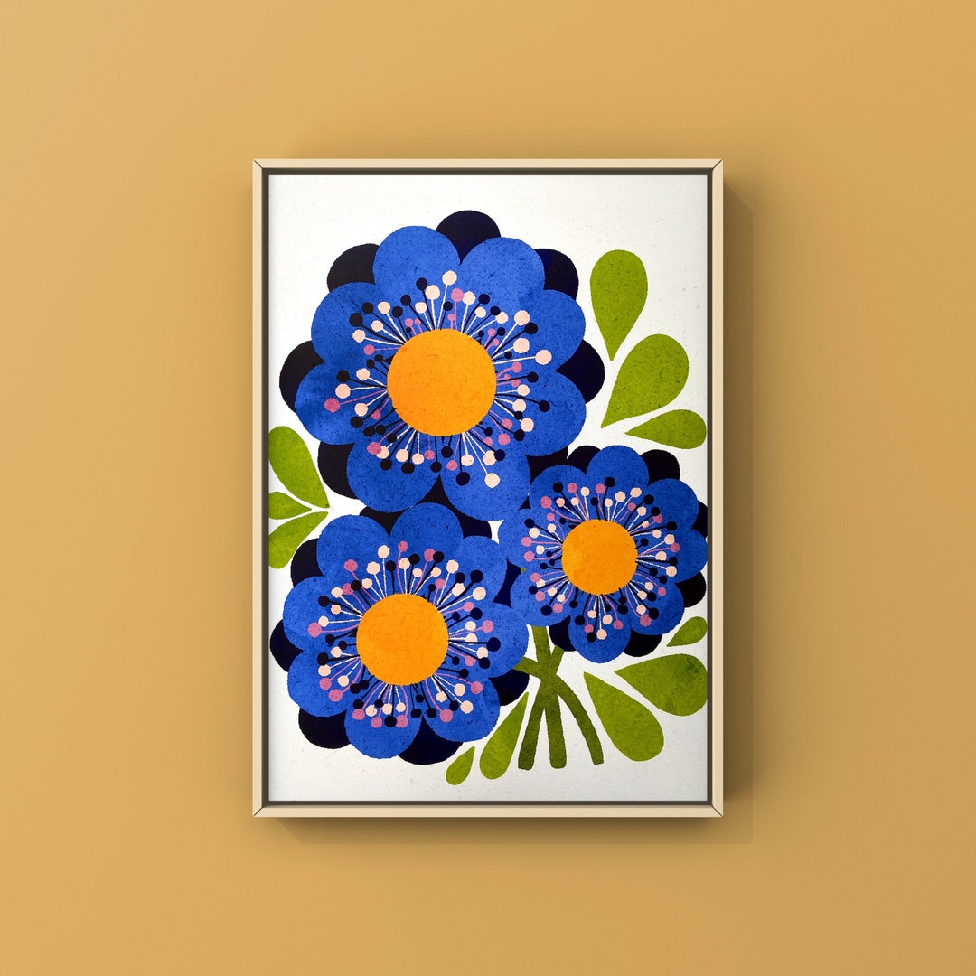 Big Retro Blooms Art Print/ Blue Flower Artwork/ Spring Flowers Art ...