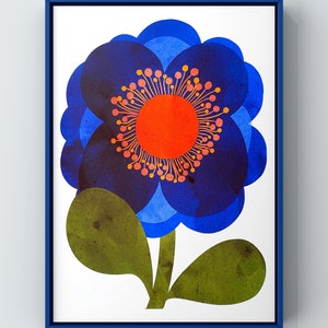 Blue Retro Flower/ Retro Floral Art Print/ Big Flower Art/ Retro Art ...