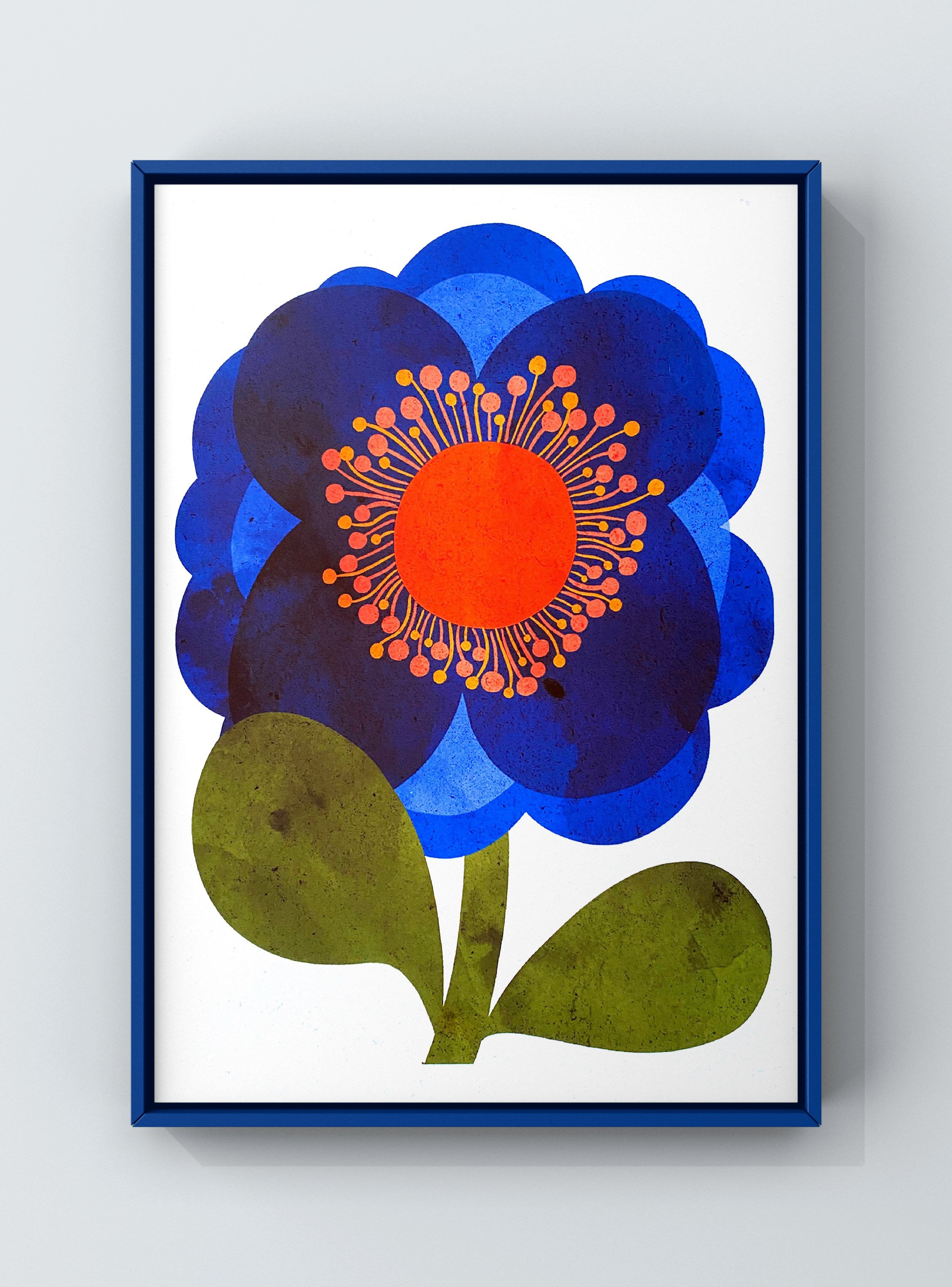 Blue Retro Flower/ Retro Floral Art Print/ Big Flower Art/ Retro Art ...