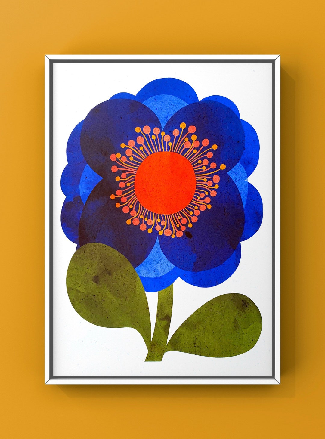Blue Retro Flower/ Retro Floral Art Print/ Big Flower Art/ Retro Art ...