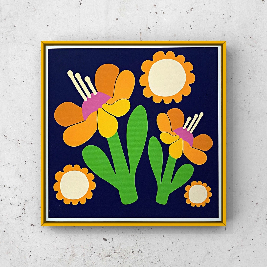Abstract Yellow Retro Flower Print/ Abstract Flower Wall Art/ Retro ...