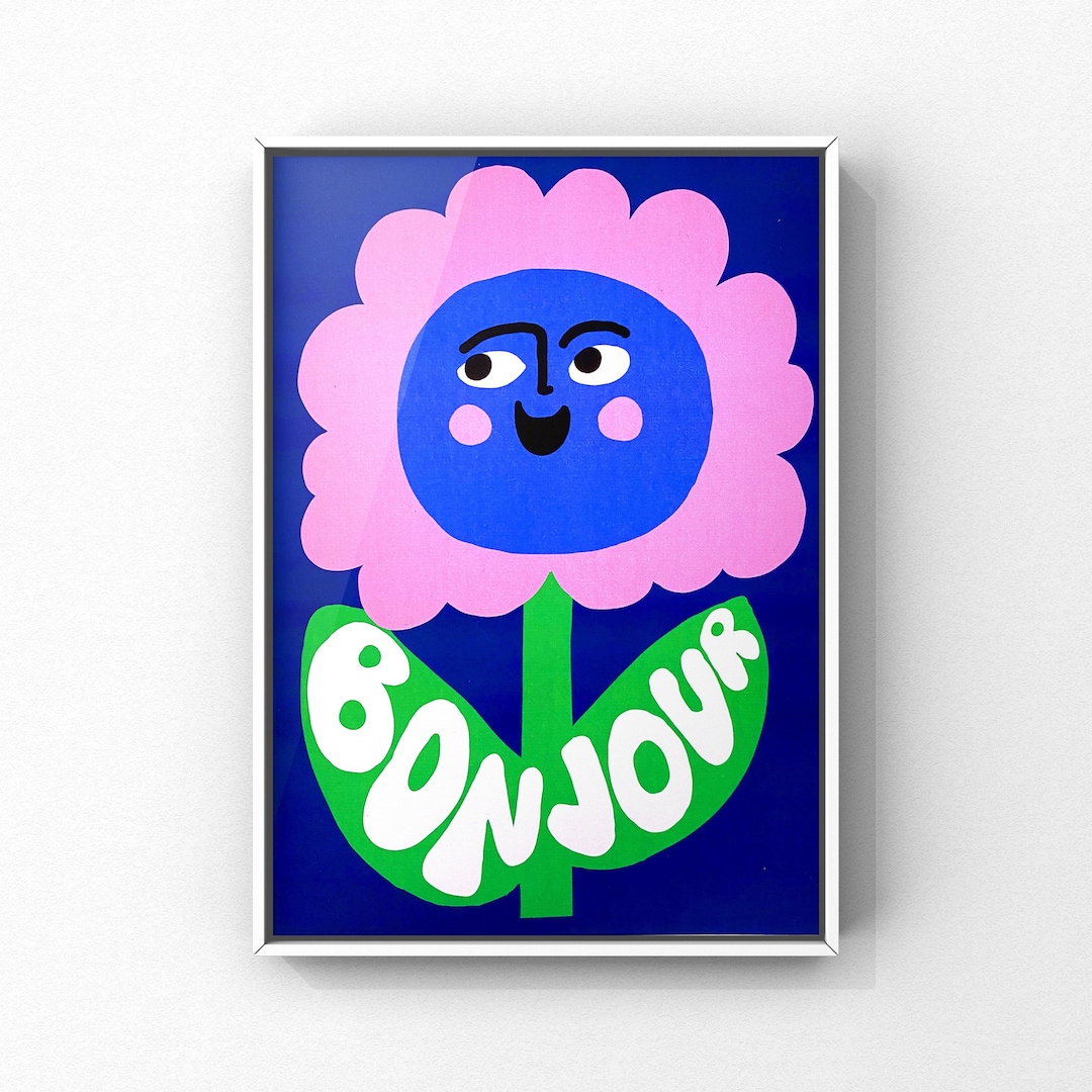French Quote Art Print/ Bonjour Art Print/ Retro Flower Print/ French ...