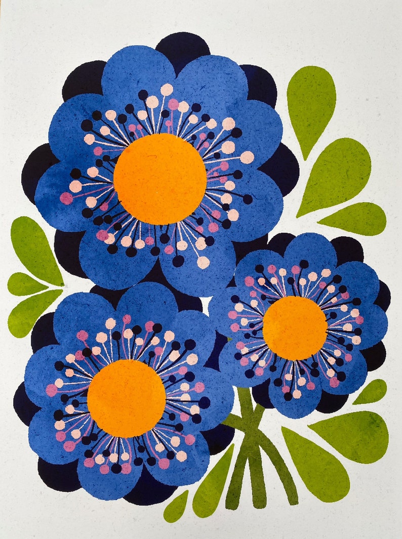 Big Retro Blooms Art Print/ Blue Flower Artwork/ Spring Flowers Art ...
