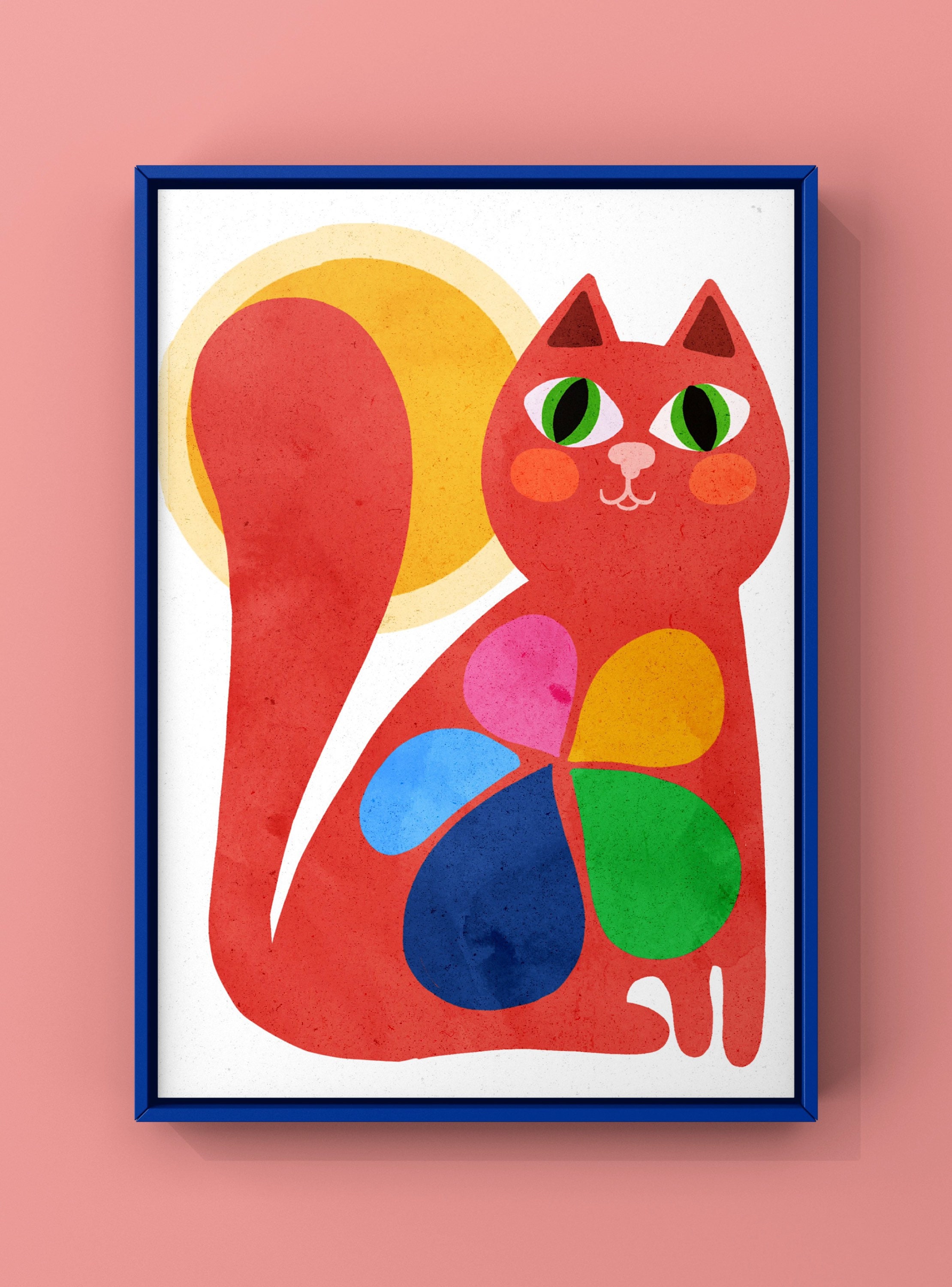 Colourful Cat Art Print/ Retro Cat Art Print/ Cat Art/ Cure Art Print ...