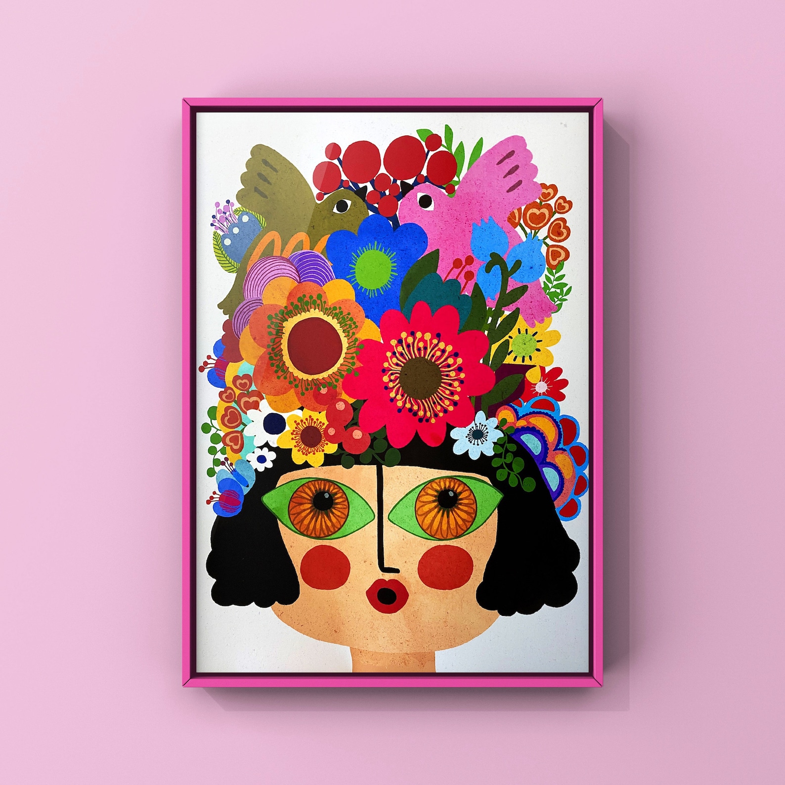 Flower Bird Lady Art Print/ Colourful Floral Wall Art/ Retro Floral Art ...