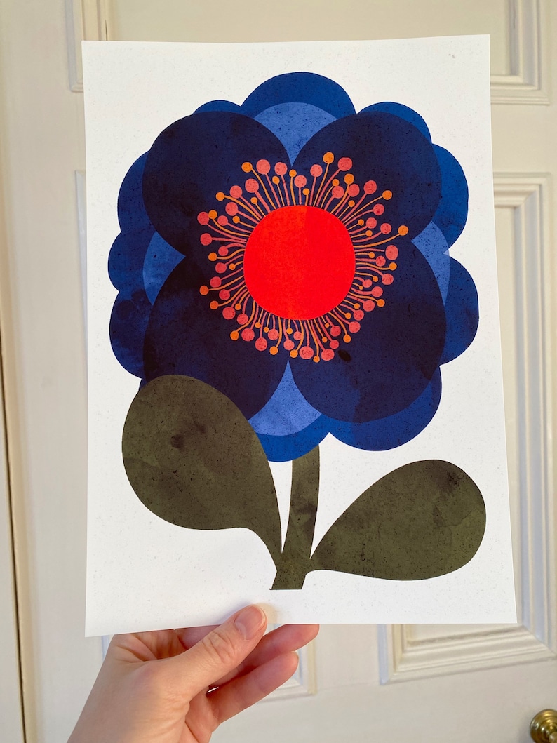 Blue Retro Flower/ Retro Floral Art Print/ Big Flower Art/ Retro Art ...