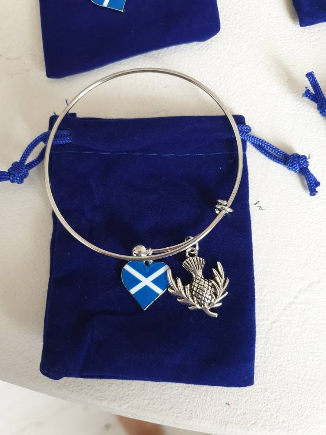 Saltire Heart on a Silver Adjustable Bangle. Additional Thistle Charm ...