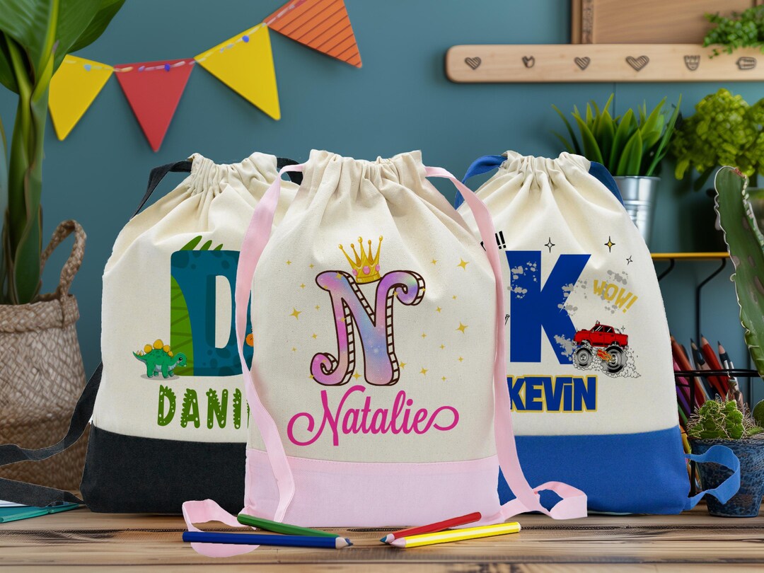Personalized Kids Drawstring Backpack: Cotton Canvas First School Bag ...