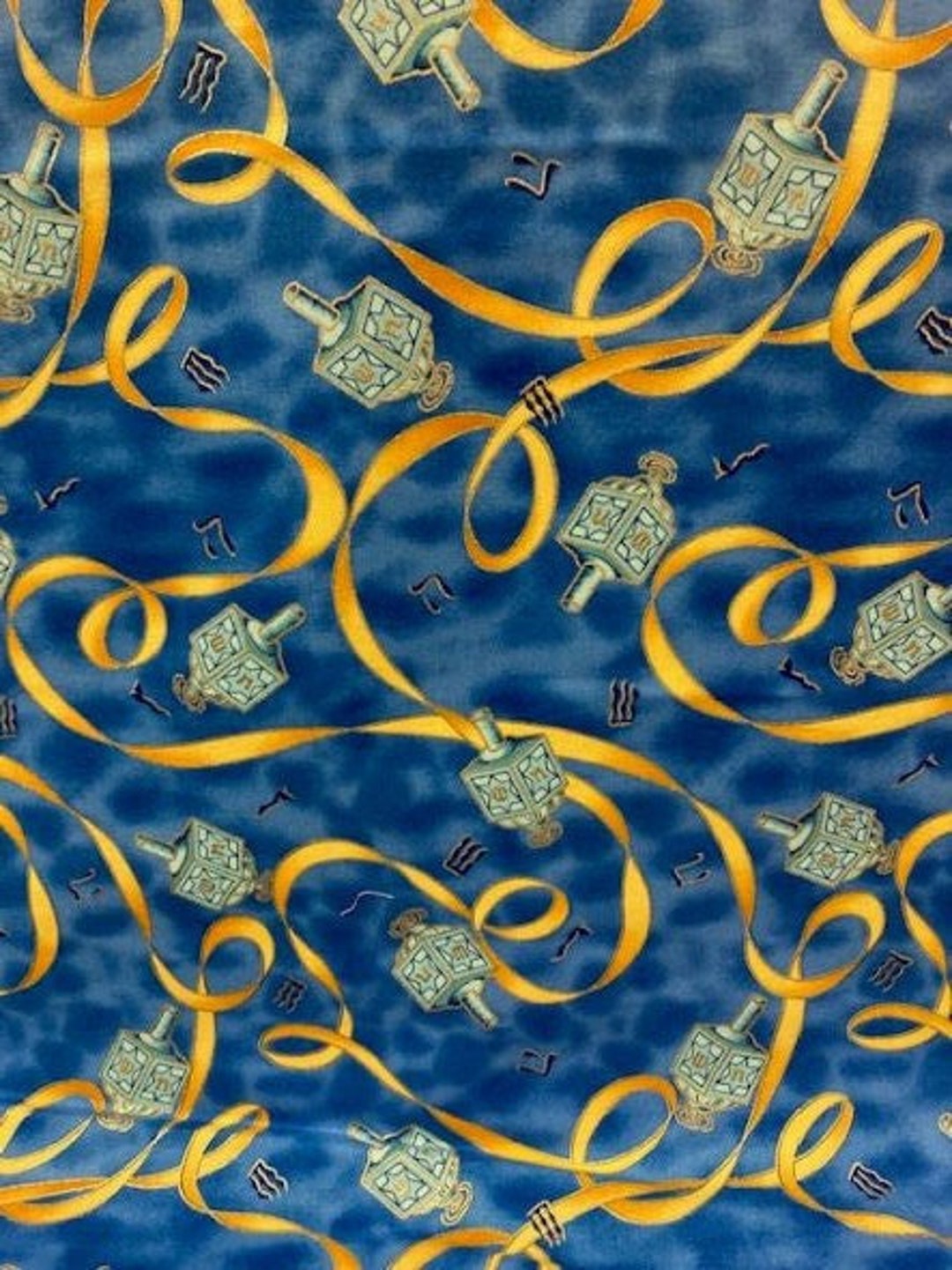 HANUKKAH Dreidel-shades of Blue Background, Gold Ribbons, and Dreidels ...