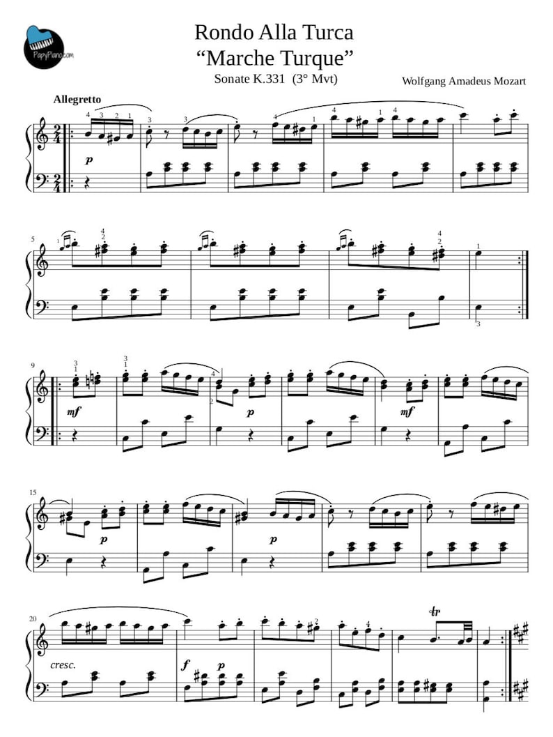 Turkish March (rondo Alla Turca) by W.A Mozart - Sonata No. 11 3rd ...
