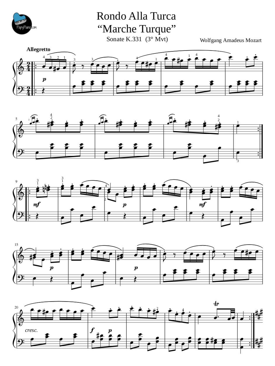 Turkish March (rondo Alla Turca) by W.A Mozart - Sonata No. 11 3rd ...